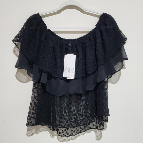 Zara | Tops | Zara Star Mesh And Chiffon Off Shoulder Strap Size L ...
